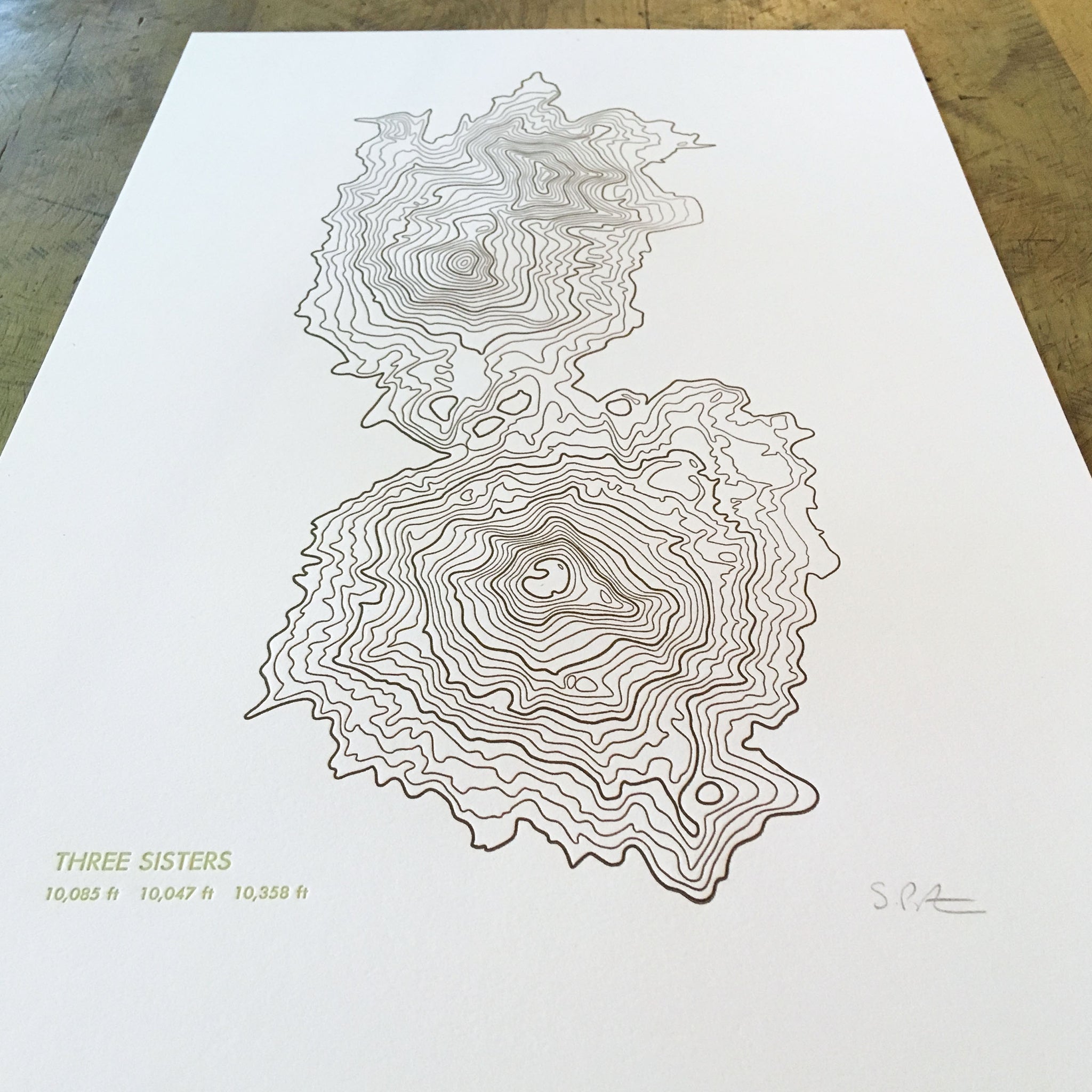 Three Sisters Topographic Map Letterpress Print – Green Bird Press